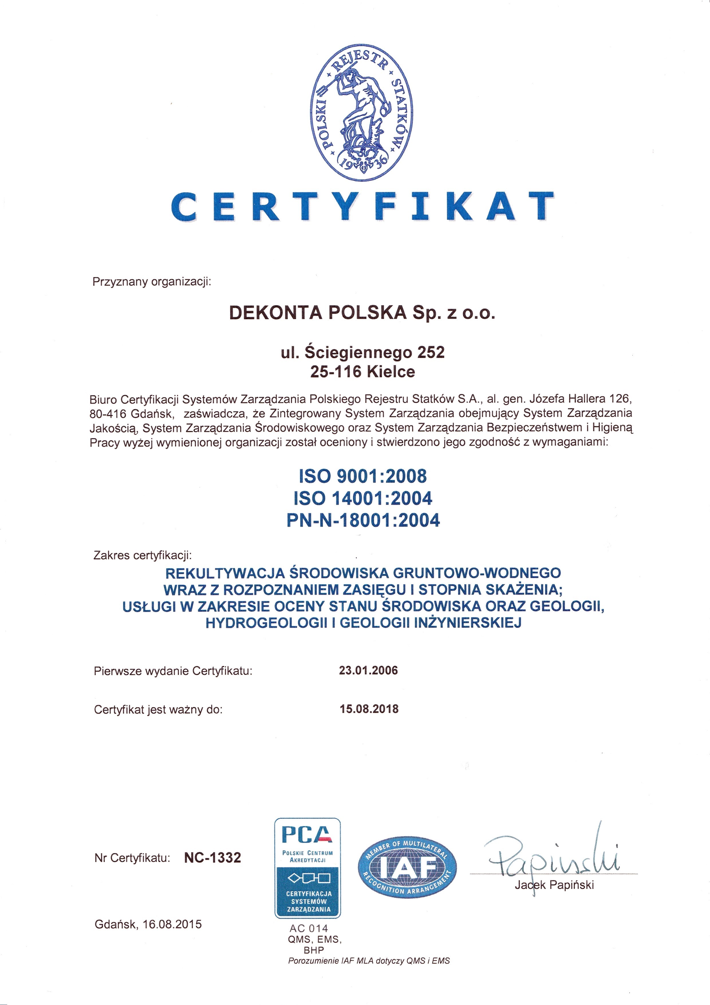 certyfikat ISO - Dekonta Polska